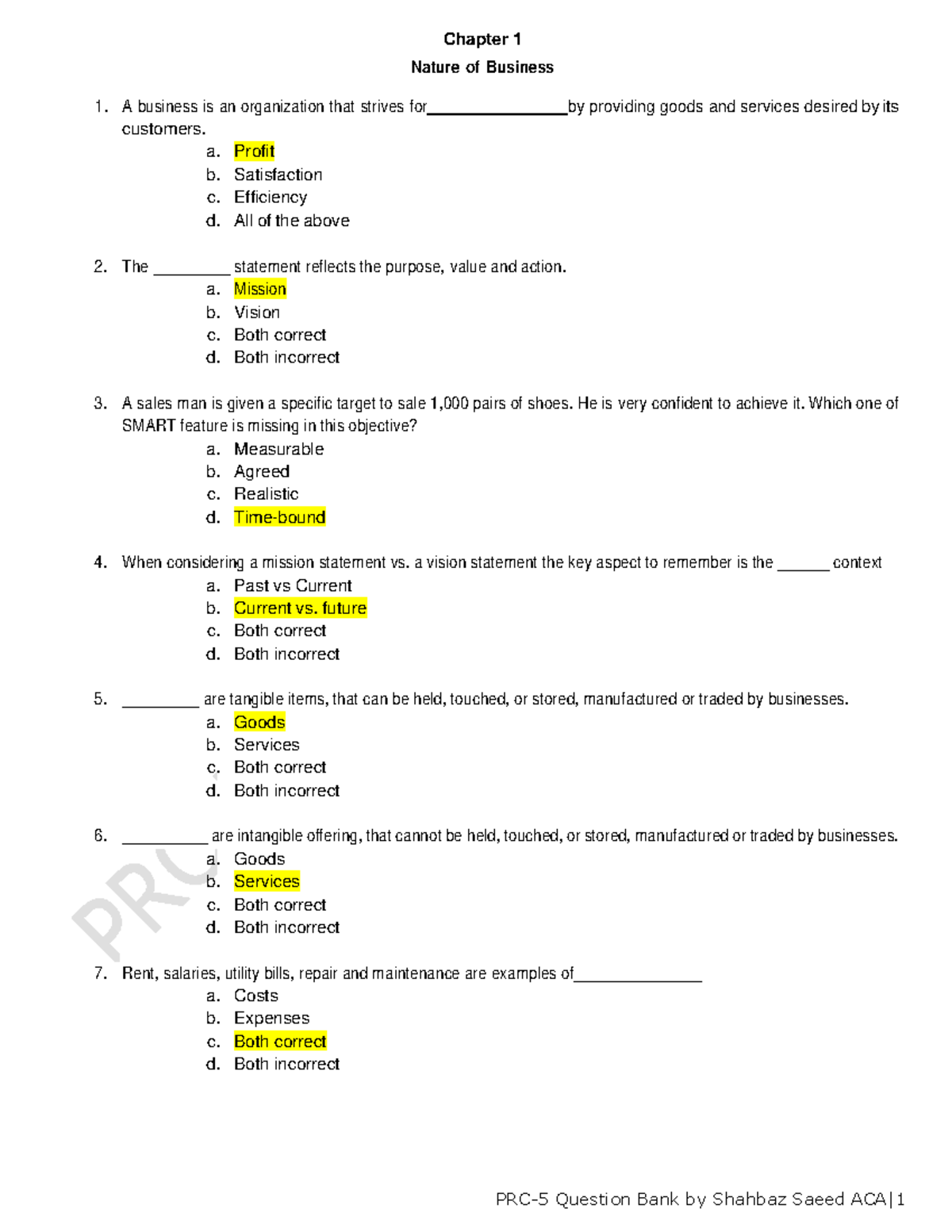 PRC-5 Solved Question Bank: Business Concepts & Stakeholder Impact - Studocu