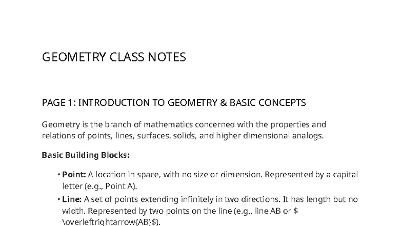 GEOMETRY CLASS NOTES (GEOMETRY 101): BASIC CONCEPTS & ANGLES - Studocu