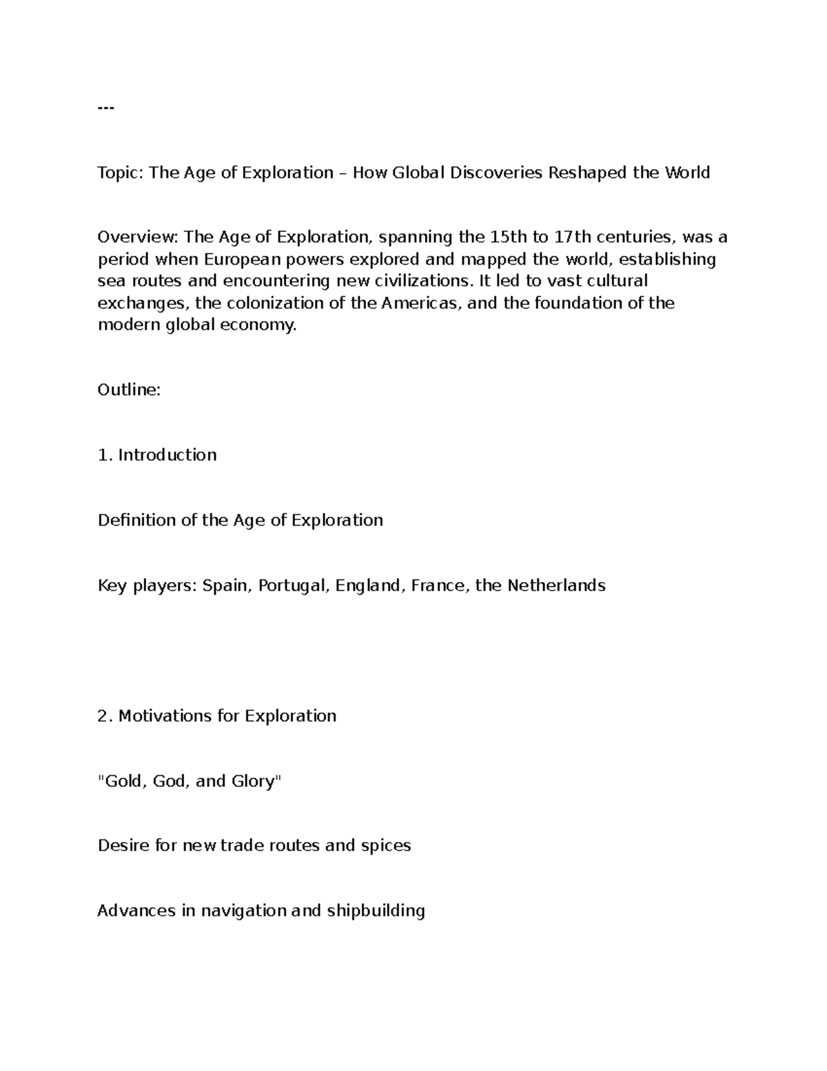 History 3: The Age of Exploration and Its Global Impact Overview - Studocu