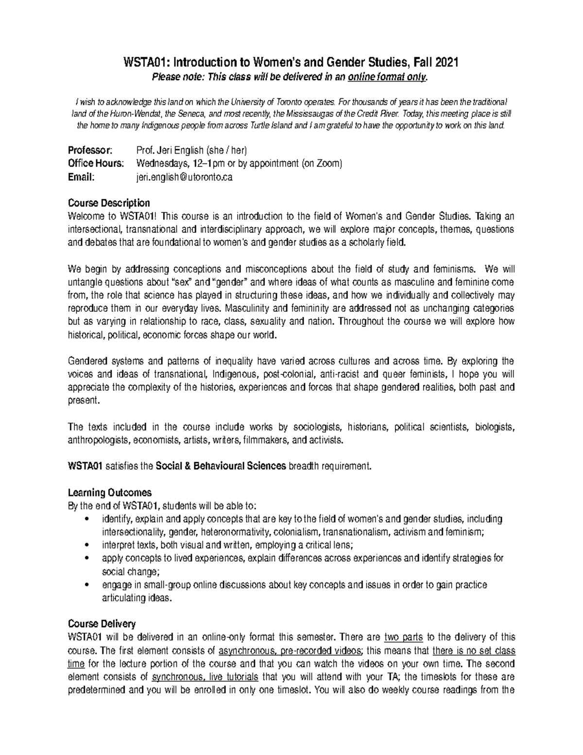 WSTA01 Fall 2021 Online Syllabus for Women's and Gender Studies - Studocu