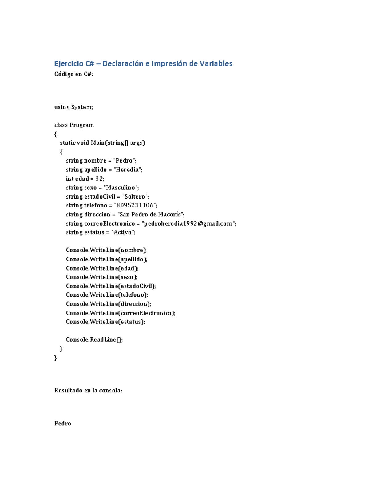 Ejercicio CSharp Variables - Ejercicio C# – Declaración e Impresión de ...
