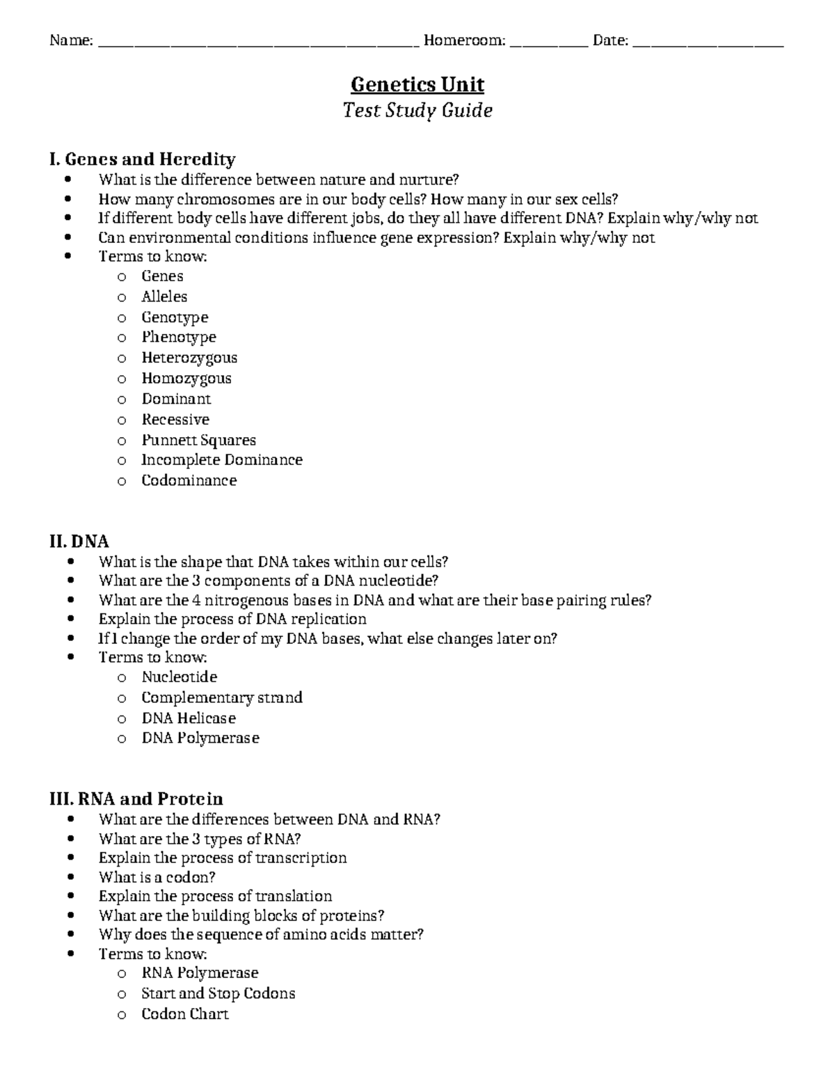 Genetics Unit Test Study Guide: Genes, DNA, and RNA Concepts - Studocu