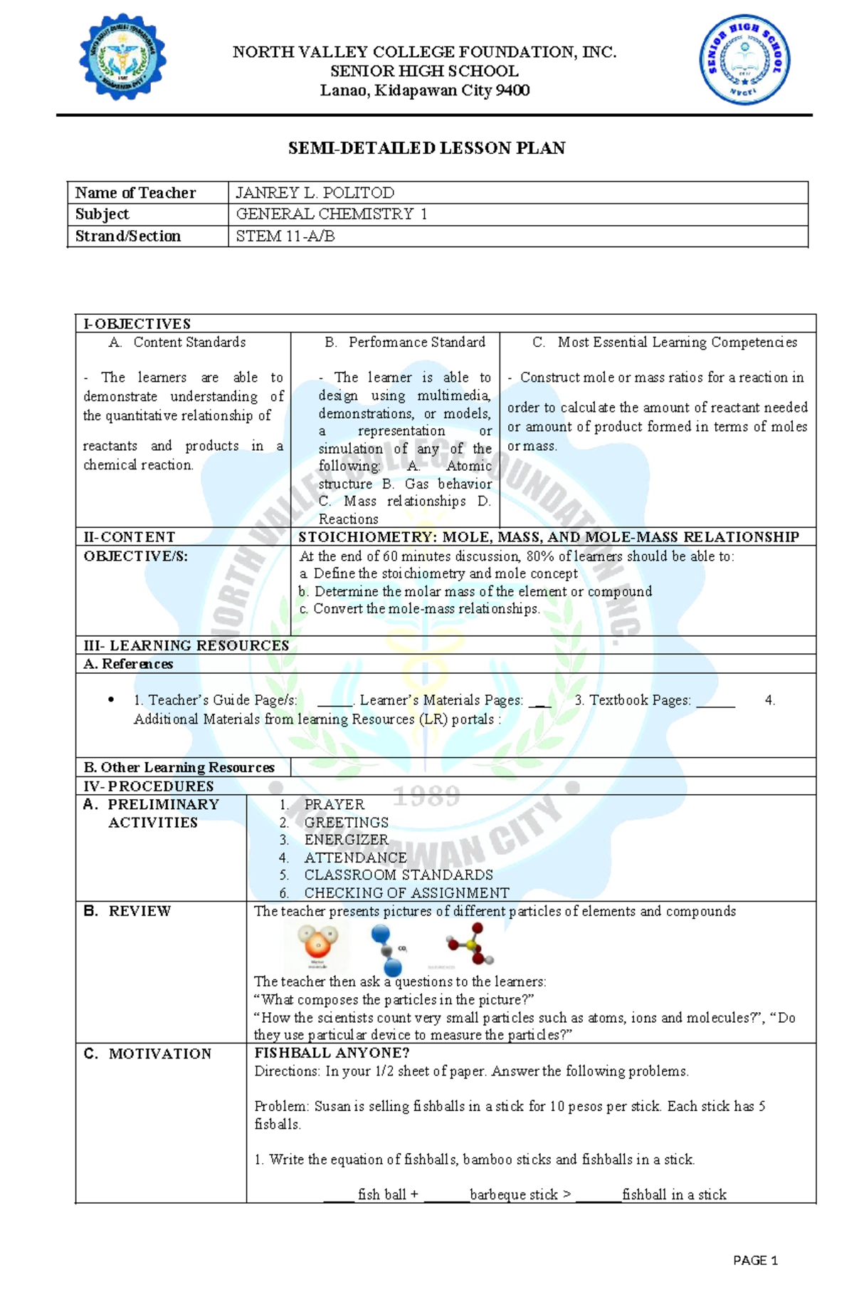 Q4-CHEM1 LESSON PLAN: Stoichiometry & Molar Relationships in Chemistry ...