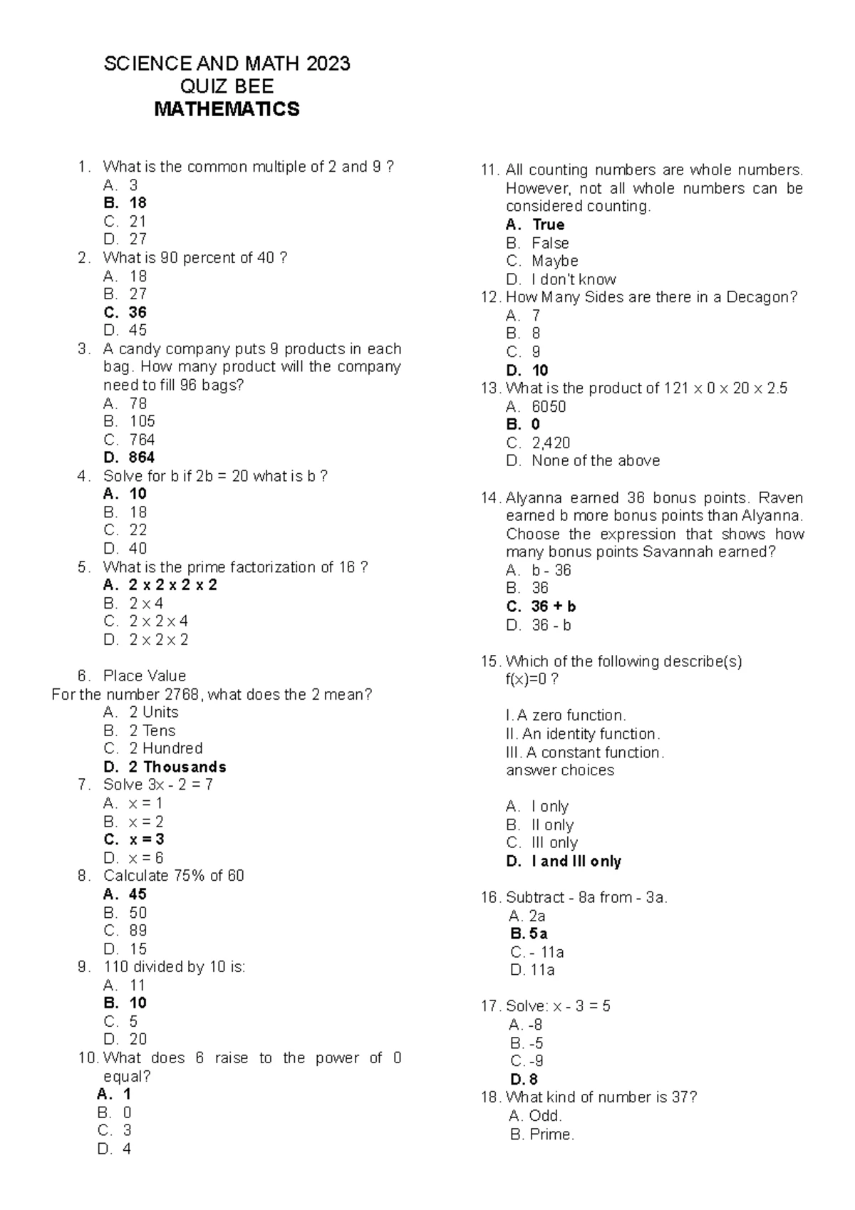 Quiz Bee - Math - Quiz Bee - Math Quiz Bee – Grade 2 (Quiz Bee) I. Easy Direction: Encircle the ...