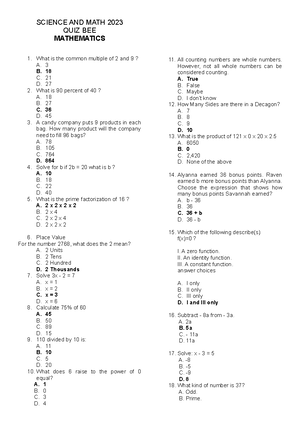 District MATH QUIZ BEE Grade VI 2018 - DISTRICT MATH QUIZ BEE GRADE VI ...