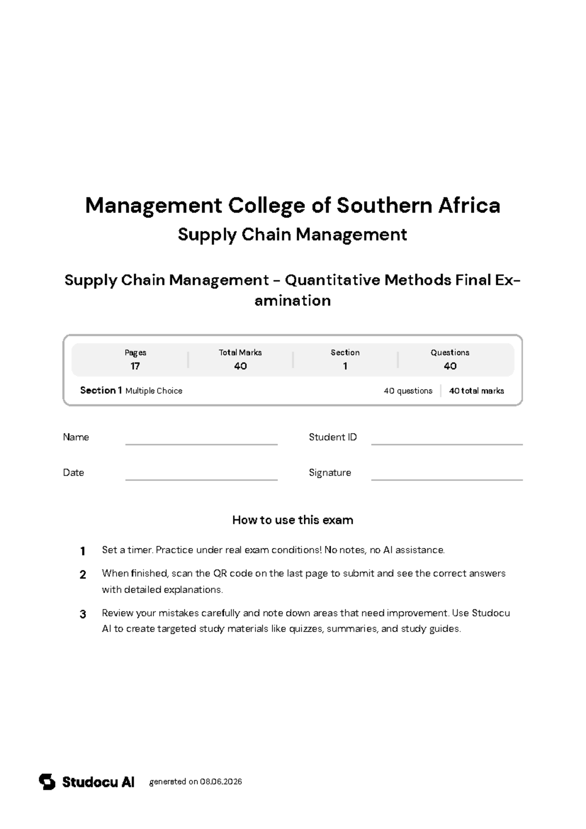 Supply Chain Management - Quantitative Methods Final Exam - Studocu