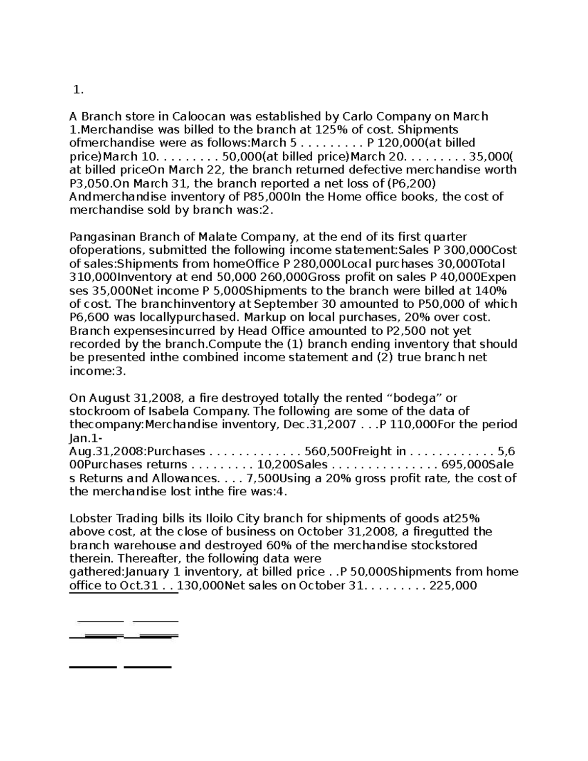 Accounting Assignment: Branch Operations and Merchandise Losses ...