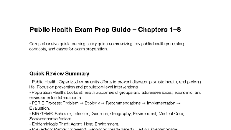 Public Health Exam Prep Guide (Chapters 1-8) Summary and Key Concepts ...