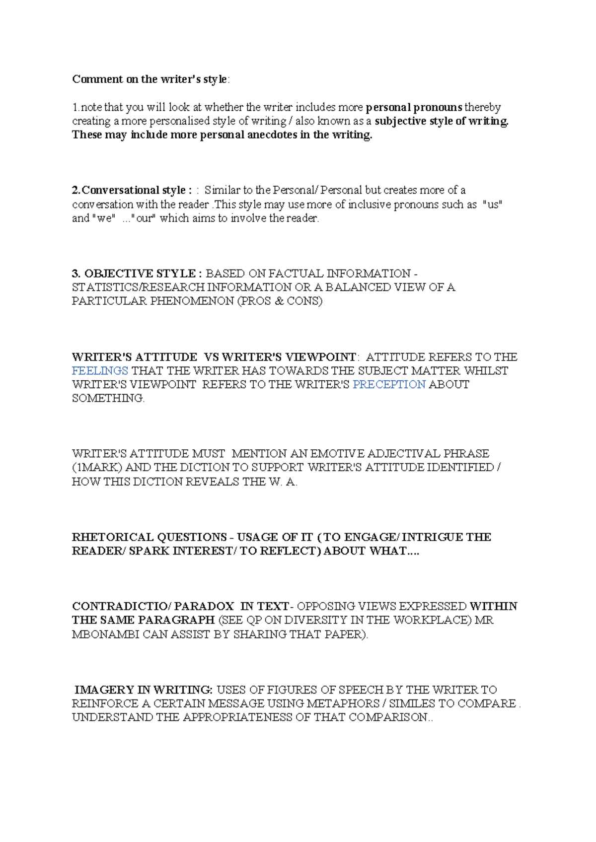 Paper 1 Pointers: Analyzing Writing Styles and Techniques - Studocu