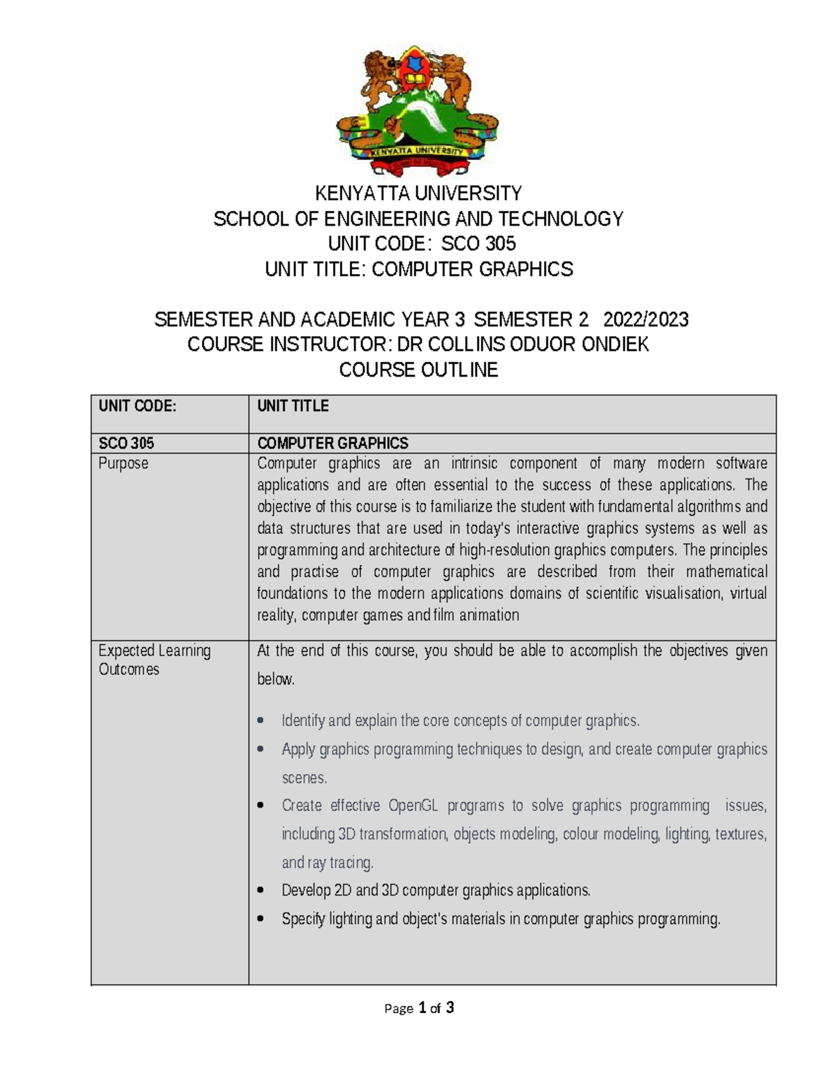SCO 305 Computer Graphics Course Outline and Learning Objectives - Studocu