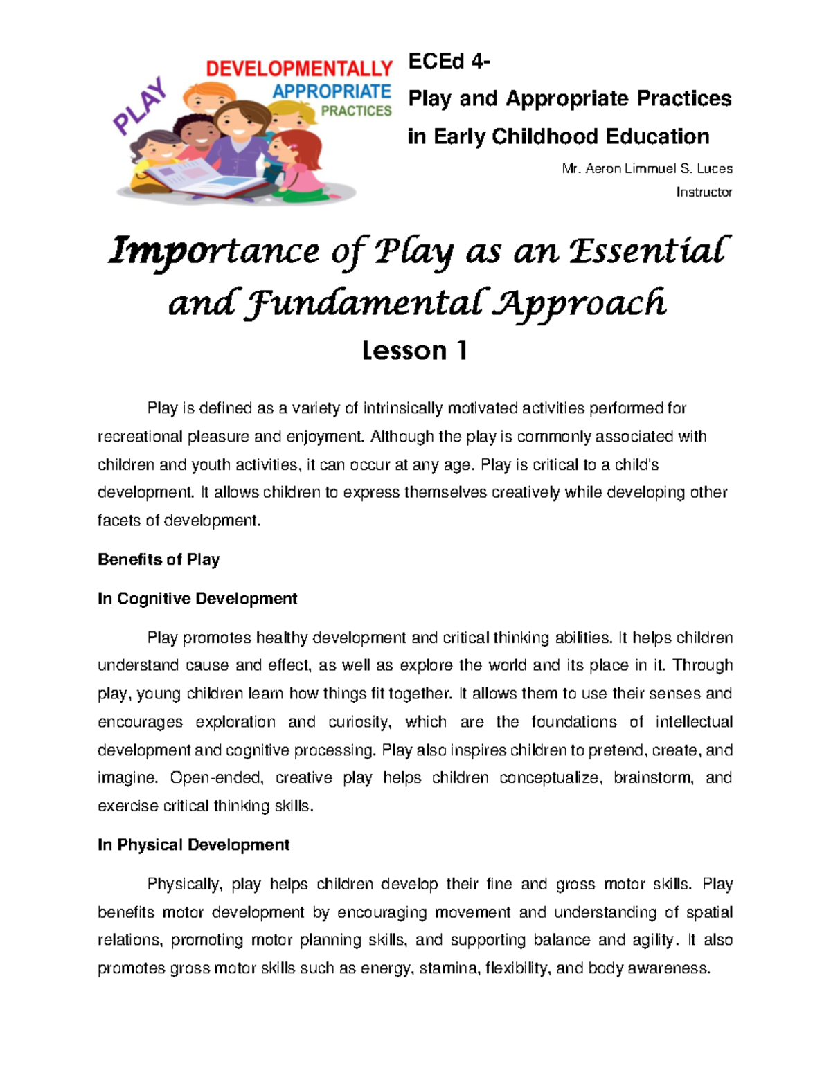 Lesson 1-Importance of Play as an Essential and Fundamental Approach to ...