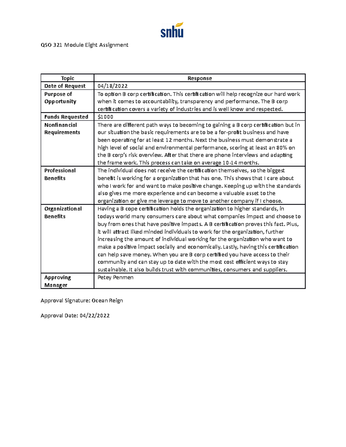 QSO 321 Module 8 Assignment: Requesting B Corp Certification Funds ...