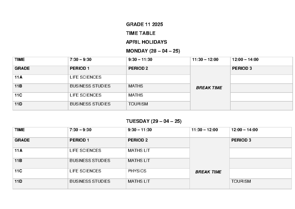 Grade 11 Timetable Summary for April Holidays 2025 - Studocu