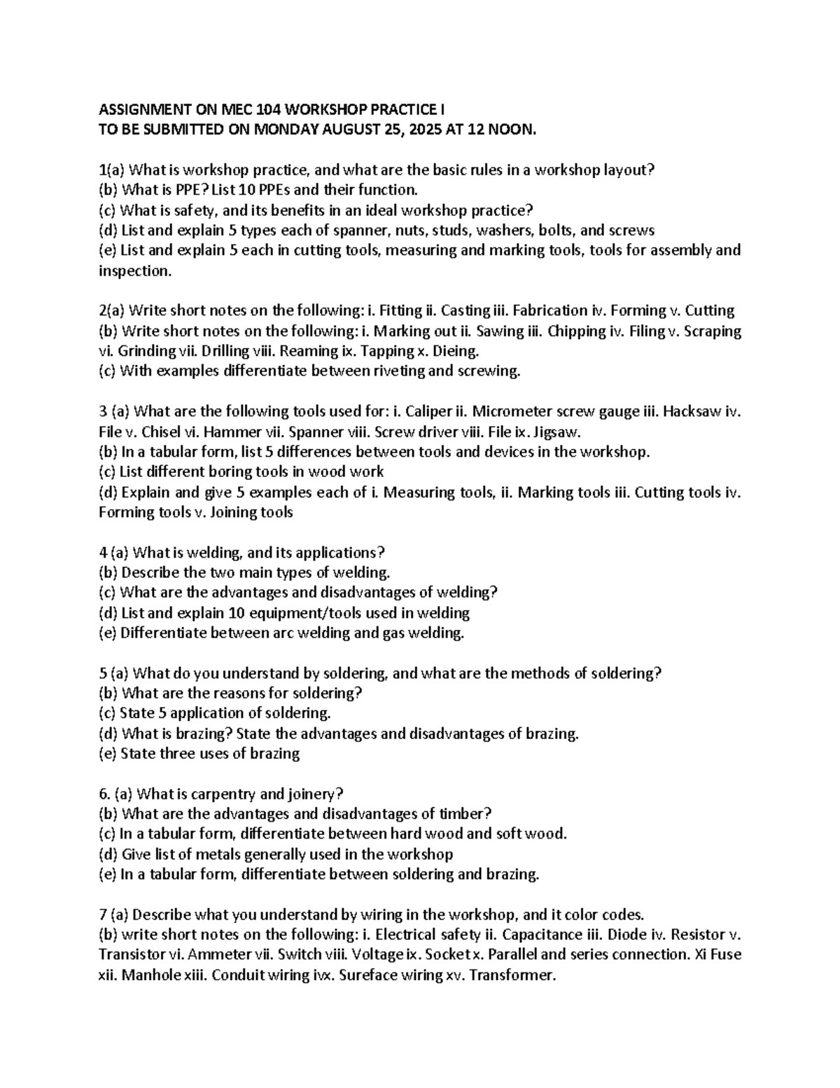 MEC 104 Workshop Practice II: Comprehensive Assignment Guide - Studocu