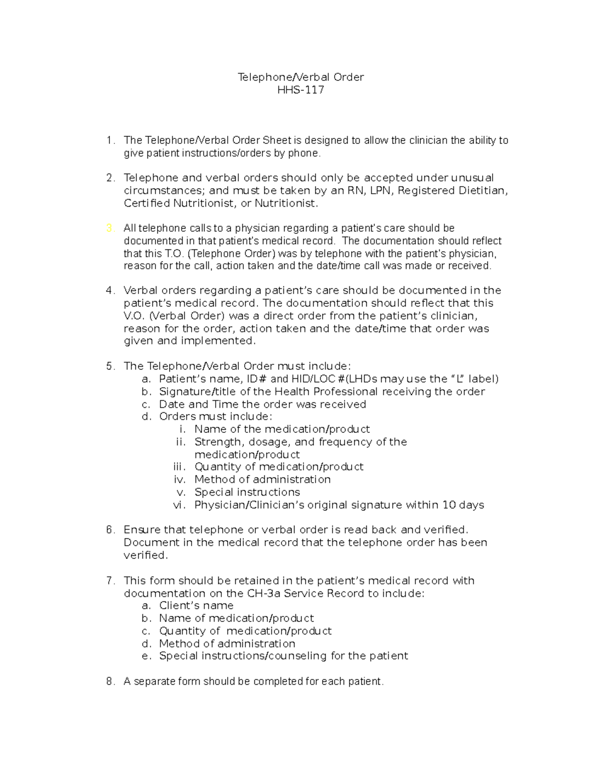 Telephone Orderinstructions - Telephone/Verbal Order HHS- The Telephone ...