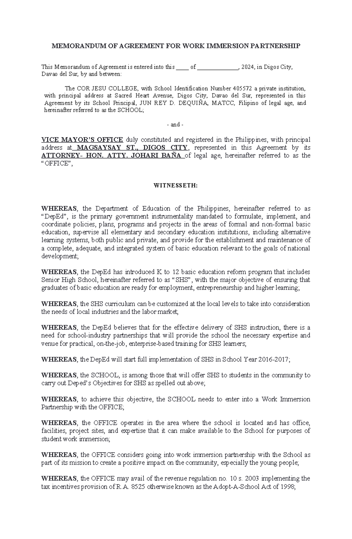 MOA sample (2) hehe - MEMORANDUM OF AGREEMENT FOR WORK IMMERSION ...