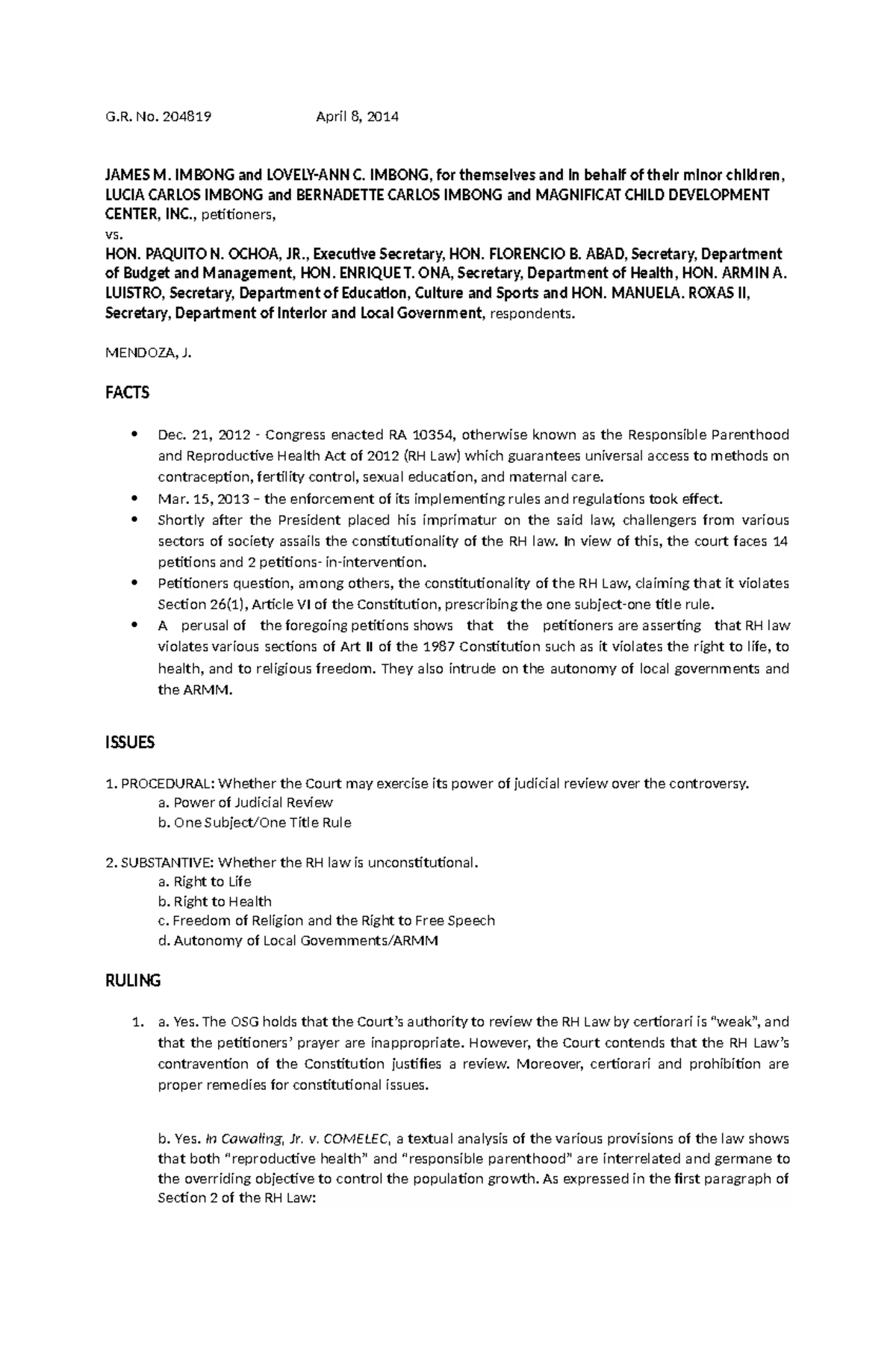 Imbong vs. Ochoa: GR 204819 RH Law Constitutionality Analysis - Studocu