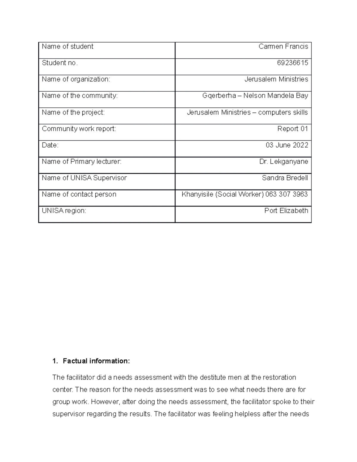Comprehensive POE Report for BSW3705: Community Work & Case Studies - Studocu