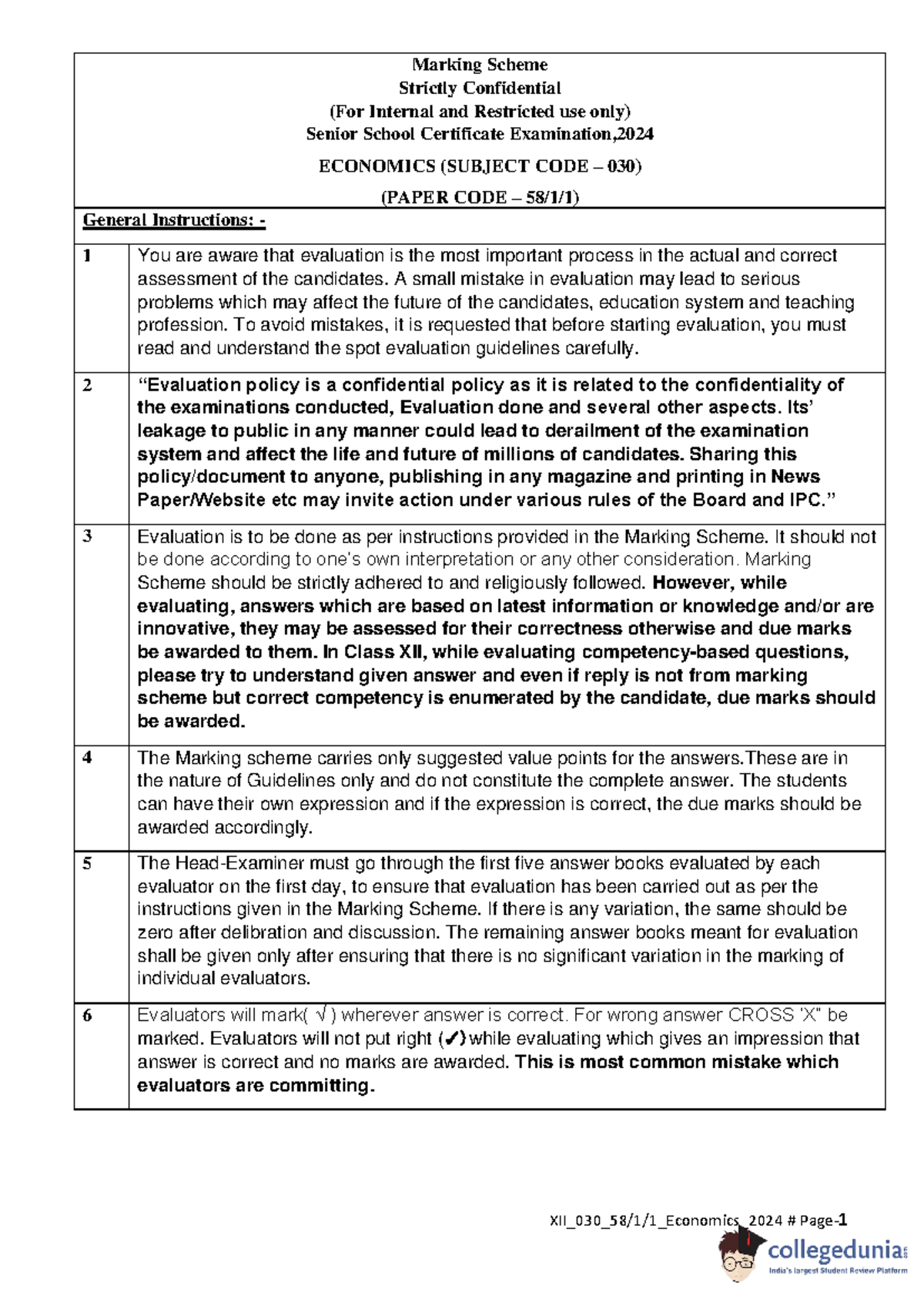 CBSE Class 12 Economics Answer Key Set 1 58 1 1 ...