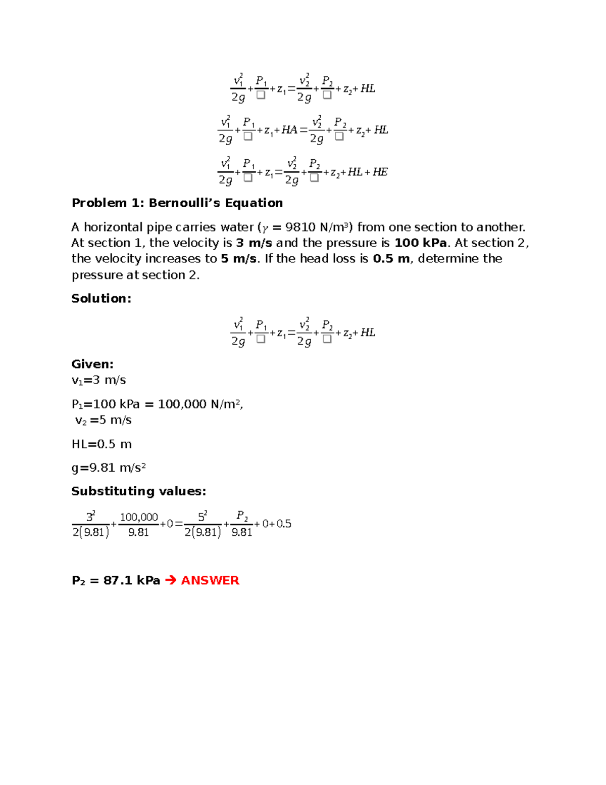 Bernoulli's Equation Problem - Hydraulics Analysis - Studocu