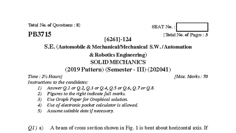 Solid Mechanics Exam Paper PB3715 - S.E. (Automobile) 2019 Pattern ...