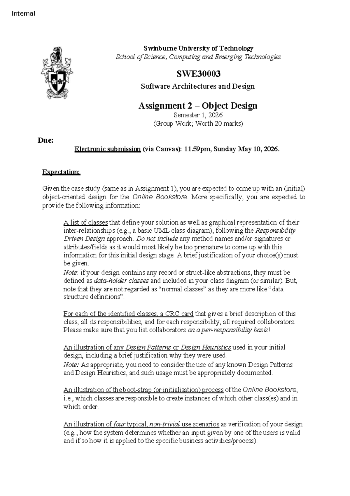 SIT202 Assignment 2: Object Design for Online Bookstore - S1 2026 - Studocu