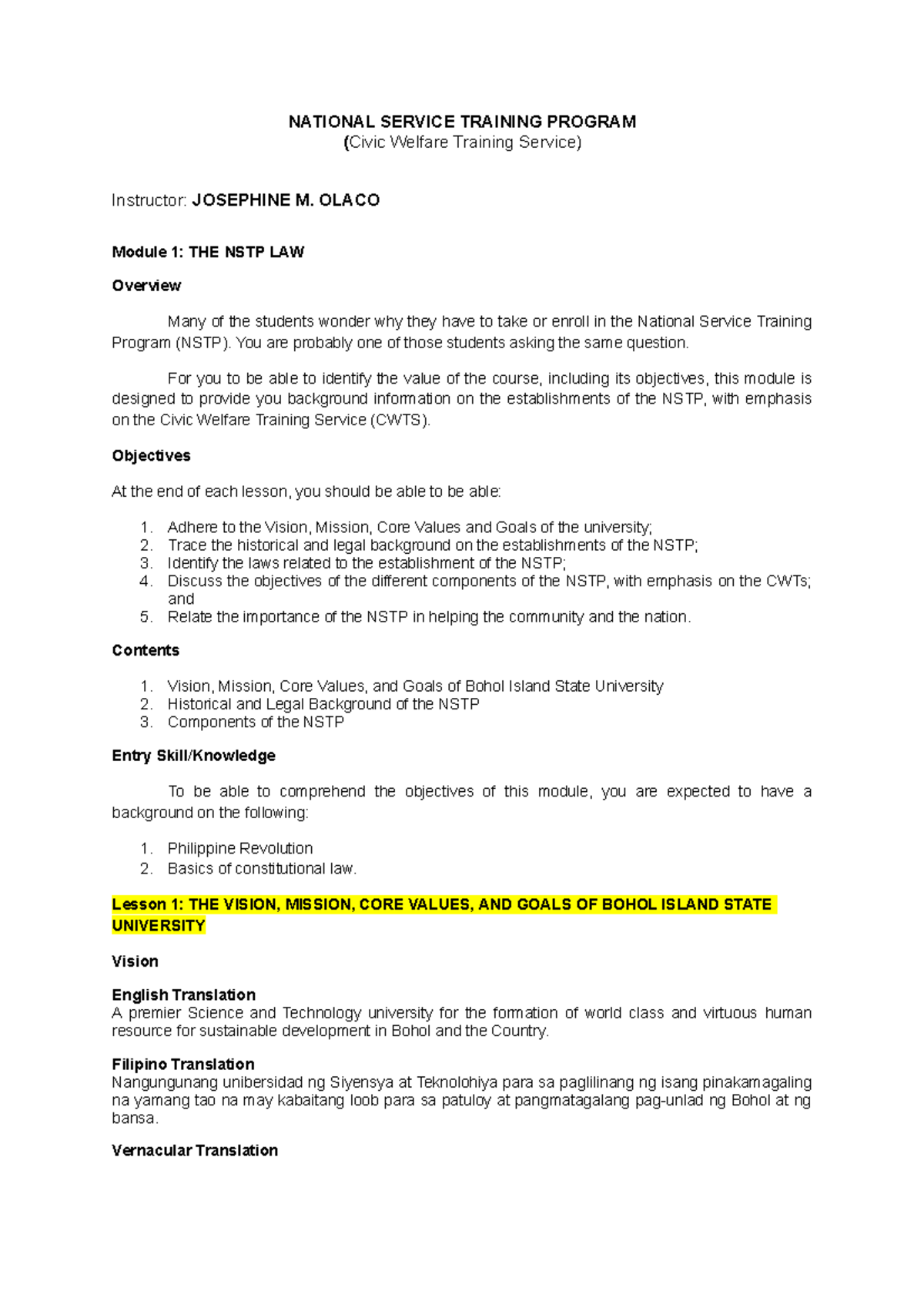 Lesson 1 - NSTP CWTS - NATIONAL SERVICE TRAINING PROGRAM (Civic Welfare ...