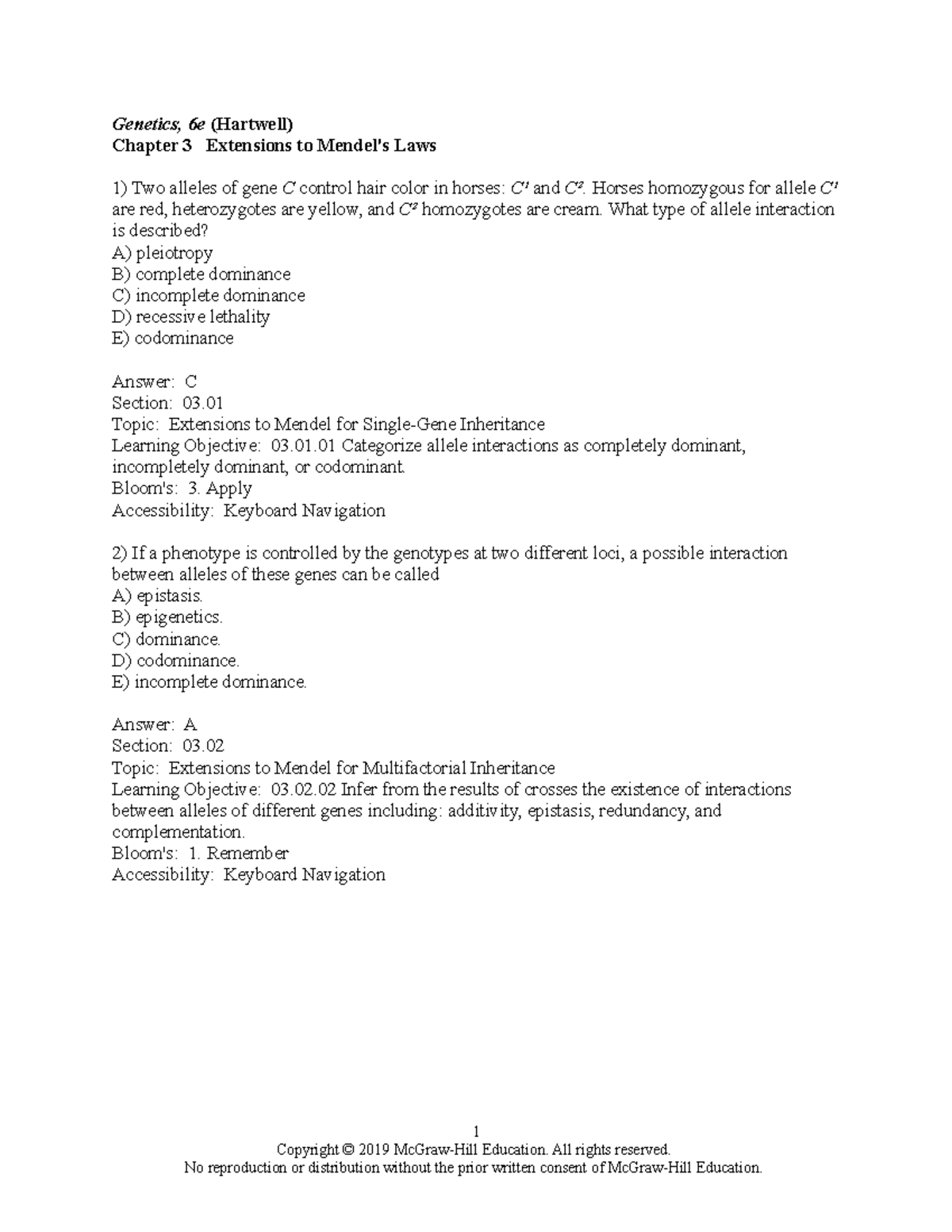 Hartwell 6e Chapter 03 Answer Key on Extensions to Mendelian Genetics ...