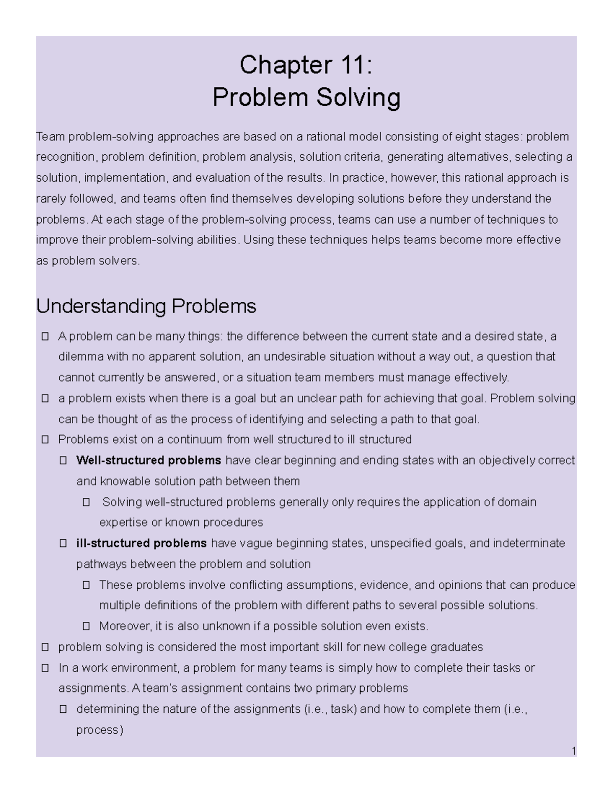 Chapter 11 Problem Solving - Chapter 11: Problem Solving Team problem ...
