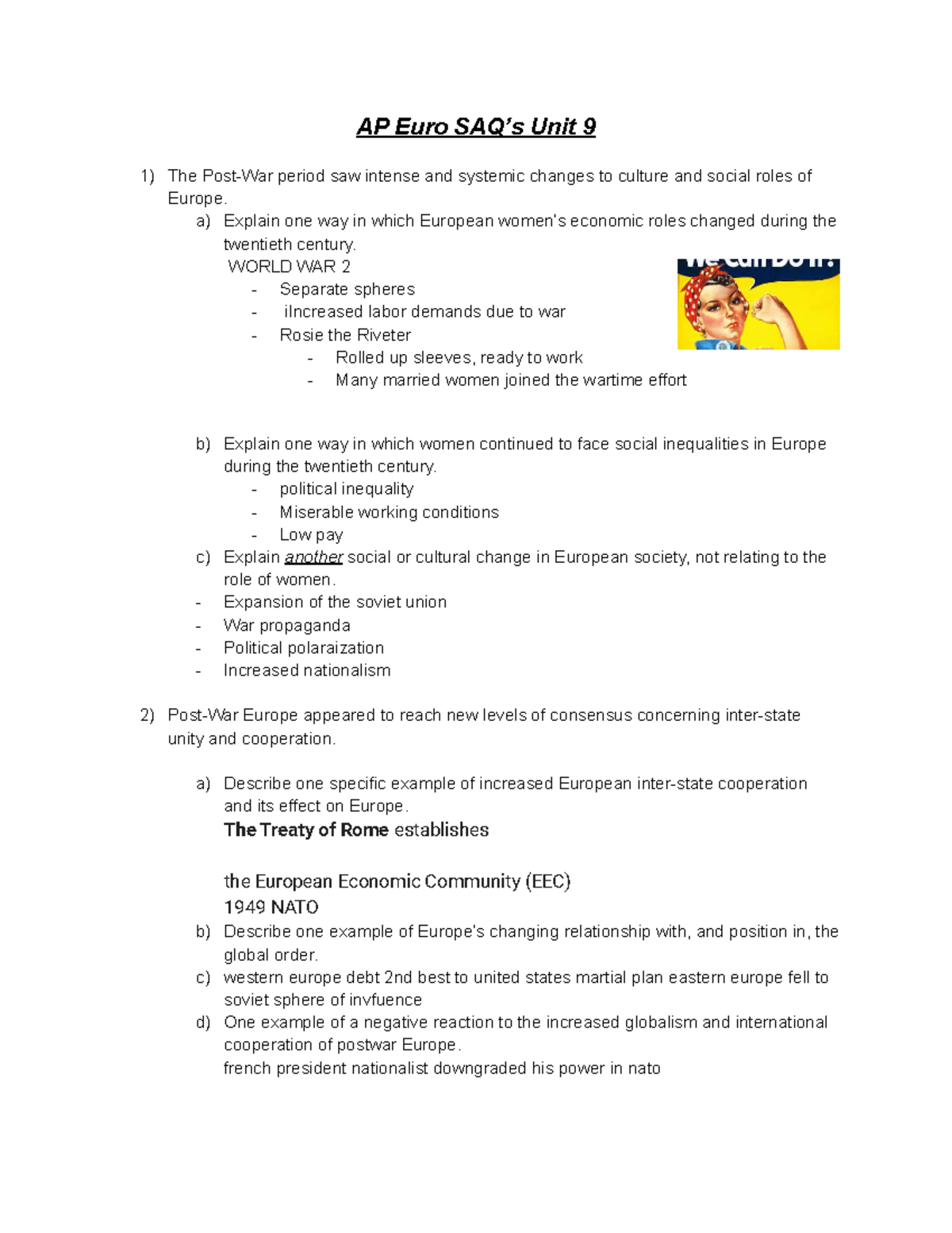 AP Euro Unit 9 SAQ Analysis: Post-War Changes & Cooperation - Studocu