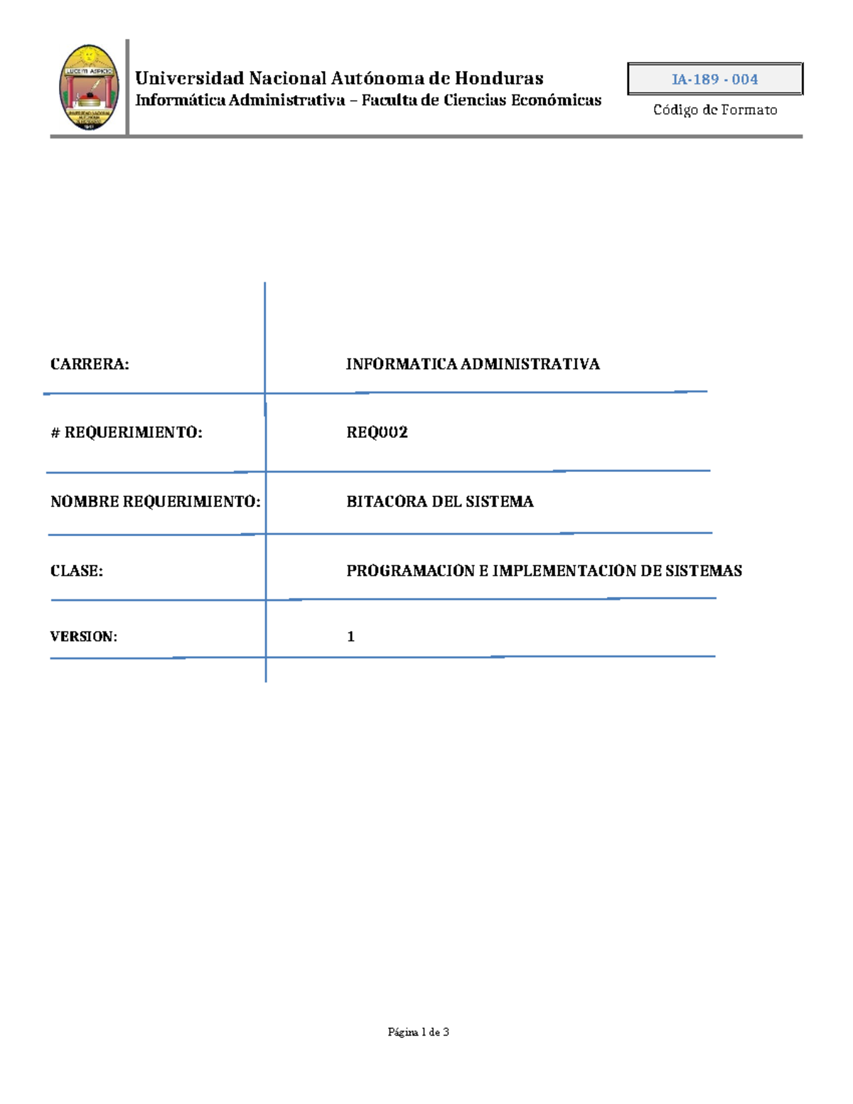 Bitácora del Sistema - Requerimiento IA-189 en Programación e ...