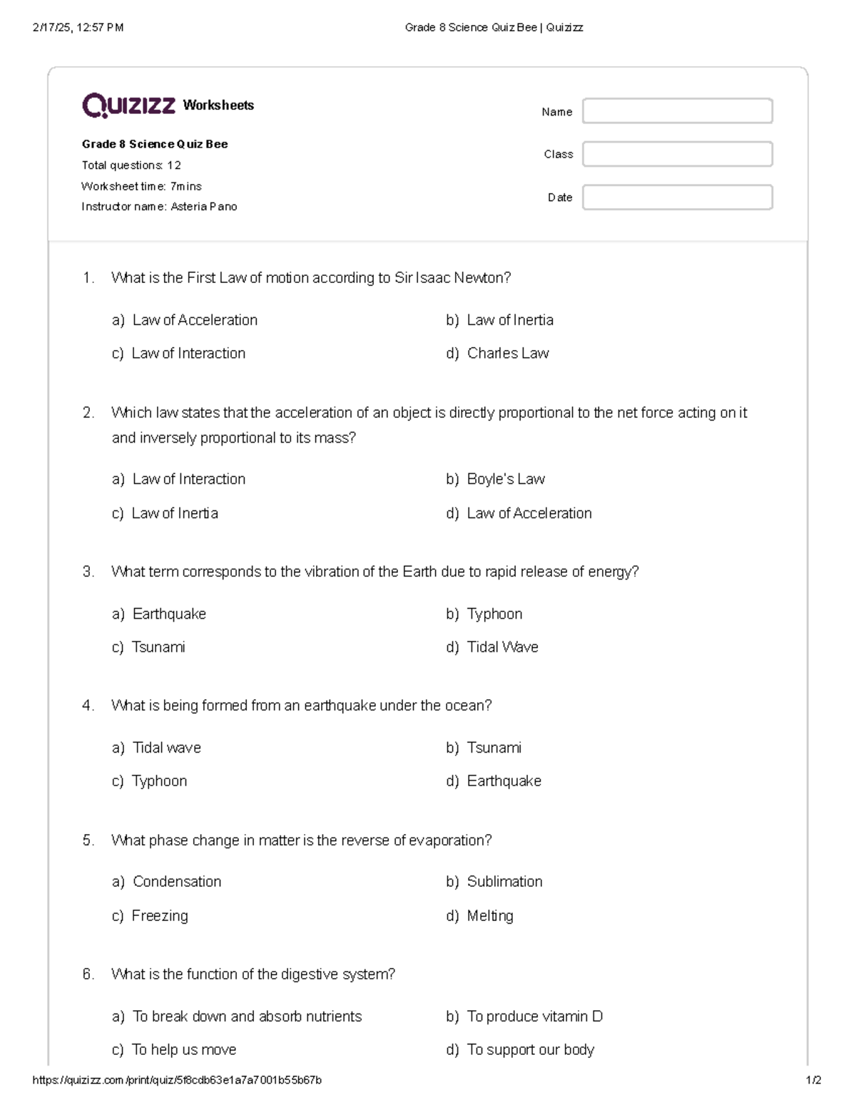 Grade 8 Science Quiz Bee - Quizizz Worksheet Questions - Studocu
