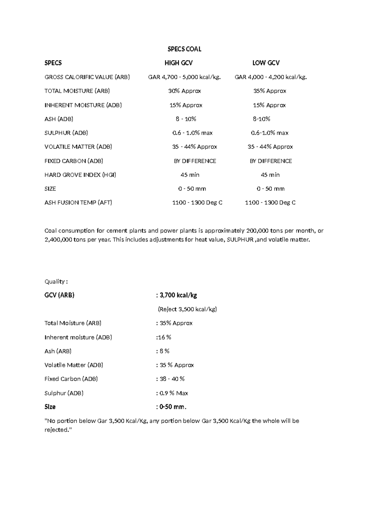 SPECS COAL: GCV, MOISTURE, ASH, AND QUALITY PARAMETERS - Studocu