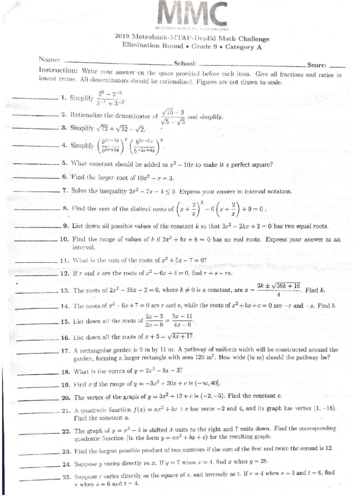 2019-GR - RELEVANT - MMC METROBANK MIAP DEPED MATH CHALLENGE 2019 Math ...