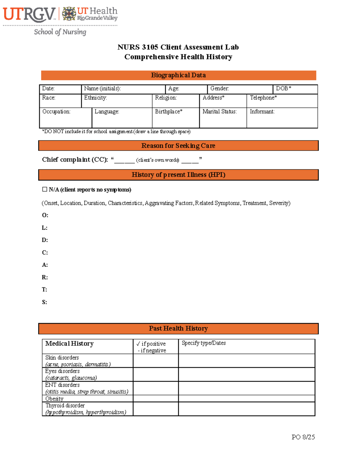 NURS 3105 Comprehensive Health History Form - Fall 25 - Studocu