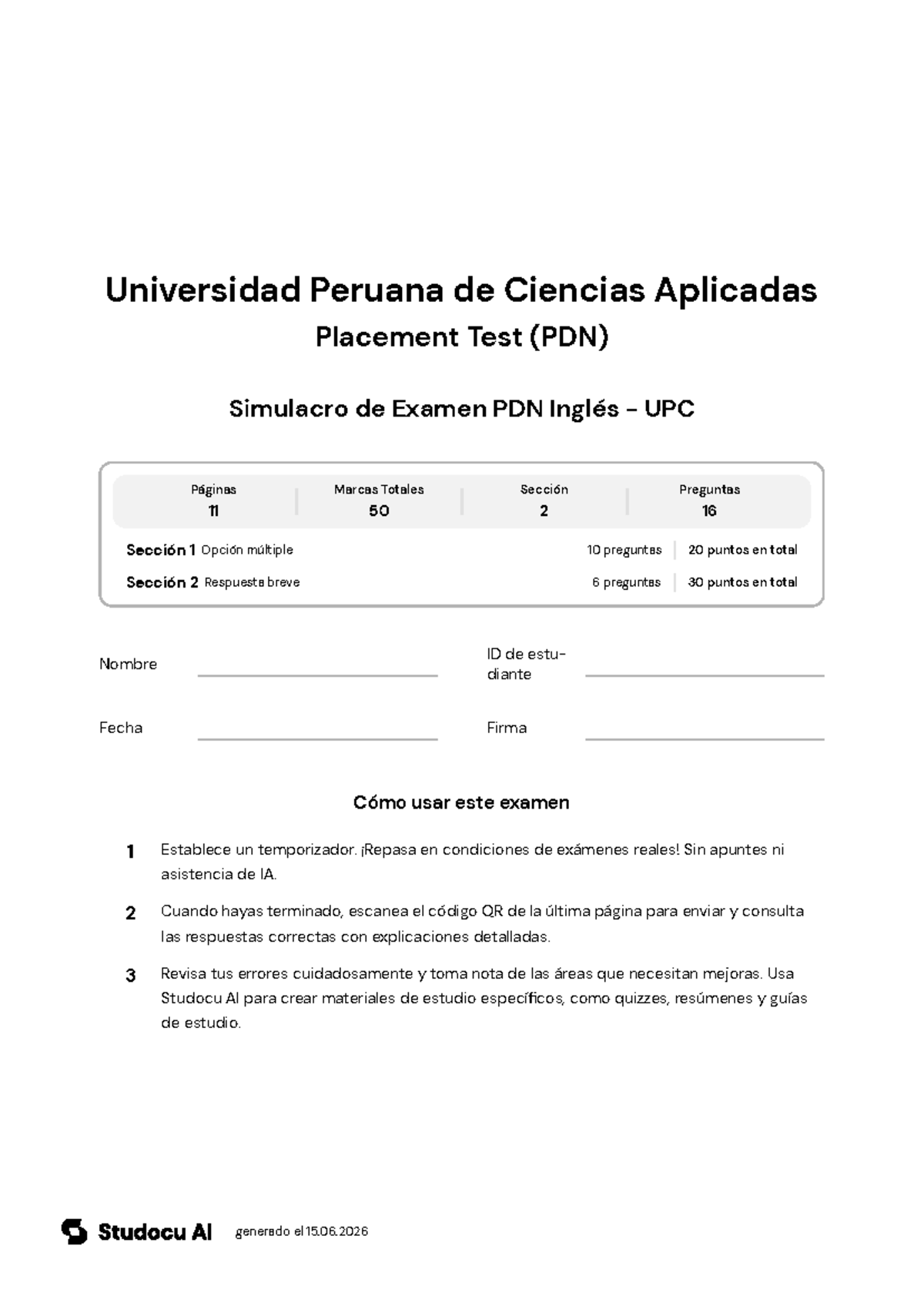 Simulacro de Examen PDN Inglés - UPC - Studocu