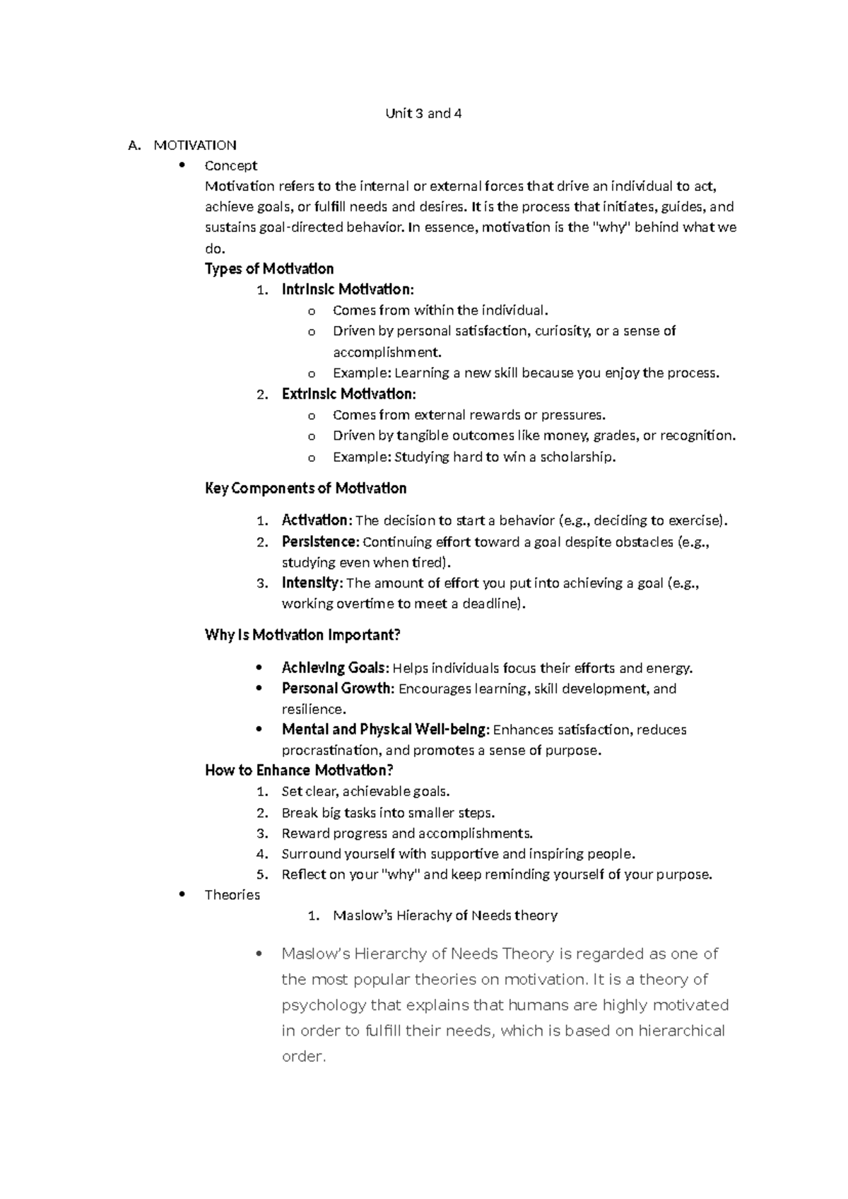 revision notes of pom unit 3 and 4 - Unit 3 and 4 A. MOTIVATION Concept ...