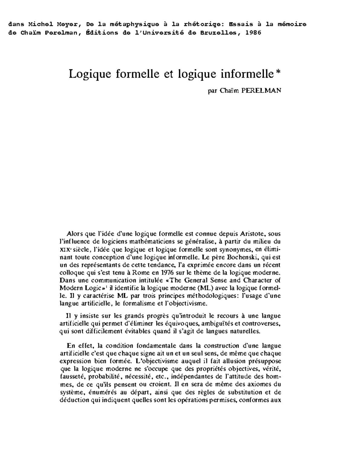 3.10. Perelman - Logique Formelle et Informelle: Étude et Analyse - Studocu