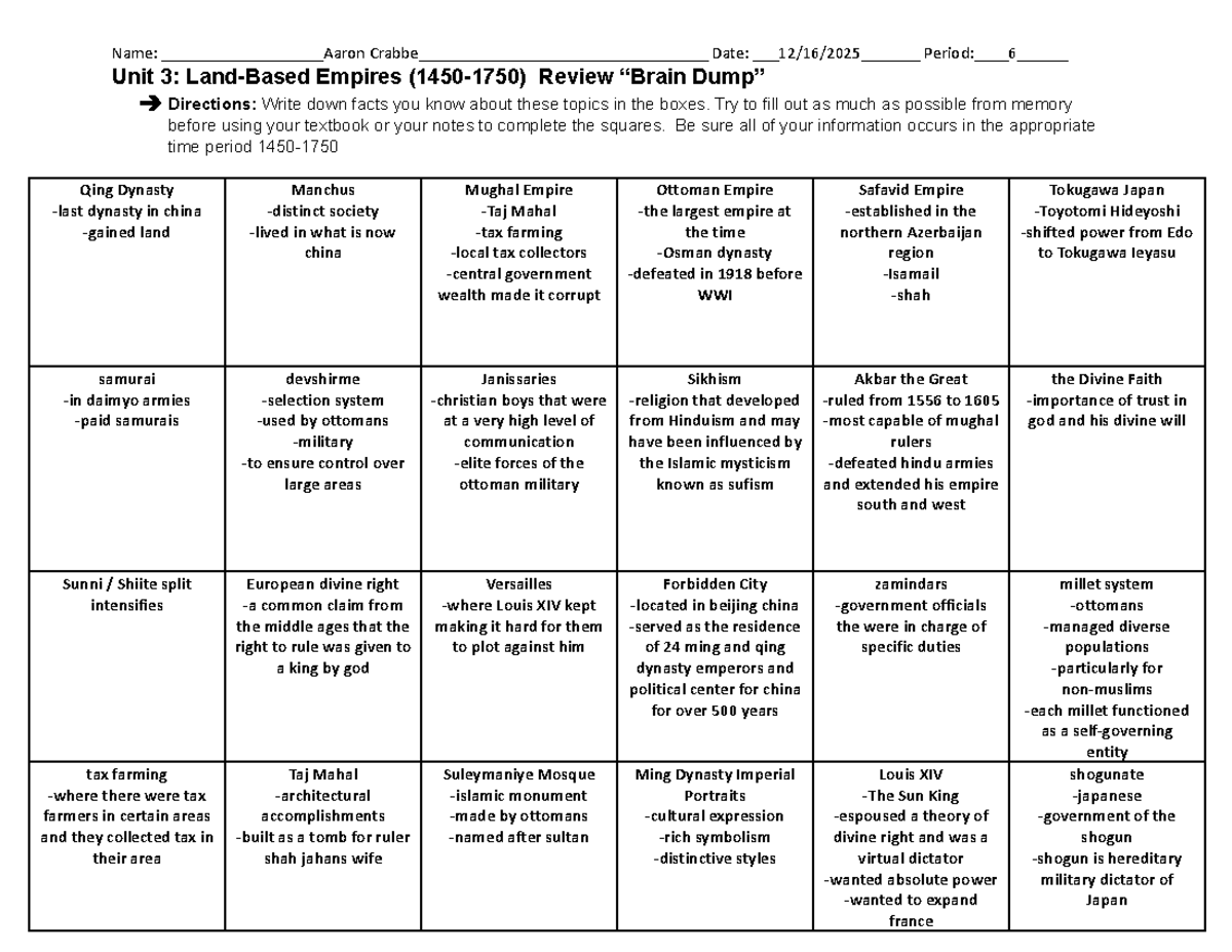 Unit 3: Land-Based Empires Review & Brain Dump Notes - Studocu