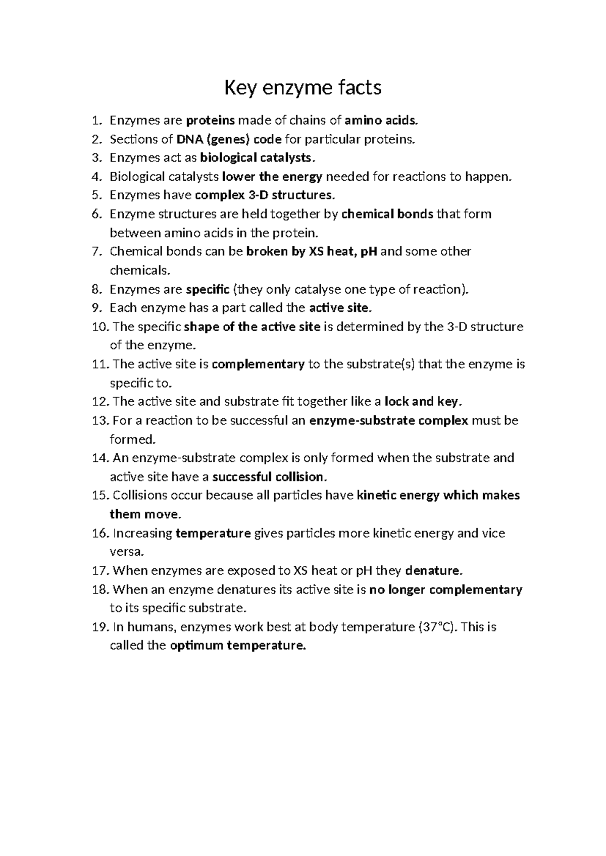 Biology Enzymes Key Facts and Application Questions - Key enzyme facts ...