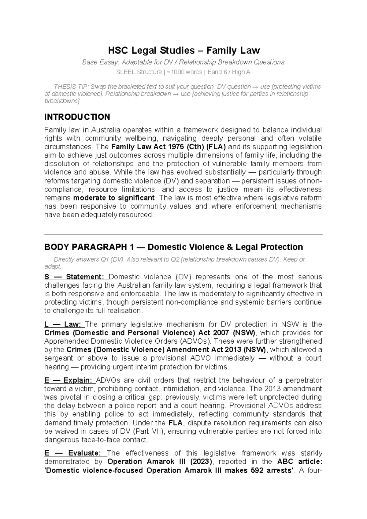 HSC Legal Studies Family Law Base Essay: DV & Relationship Breakdown ...