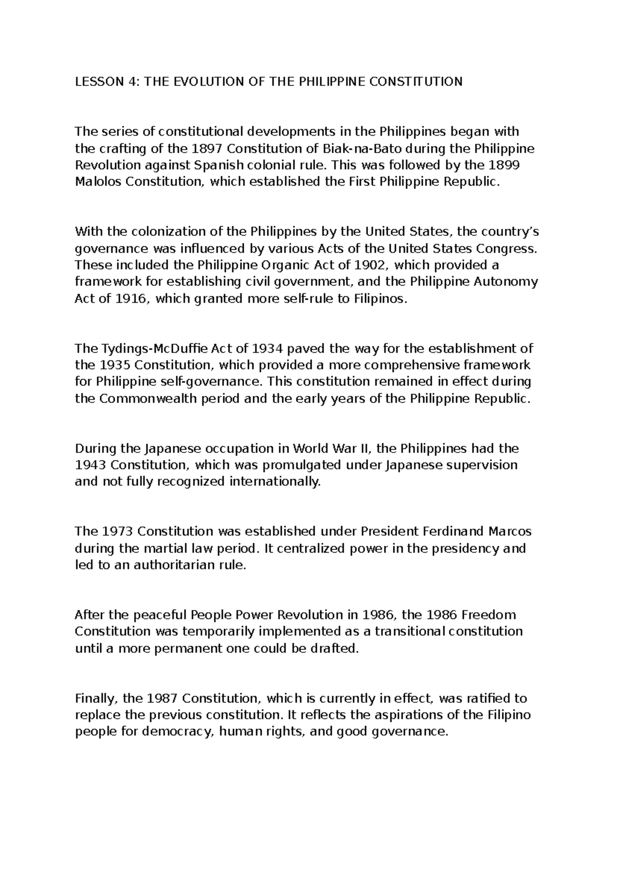 Chapter 4: The Evolution of the Philippine Constitution - RPH - Studocu