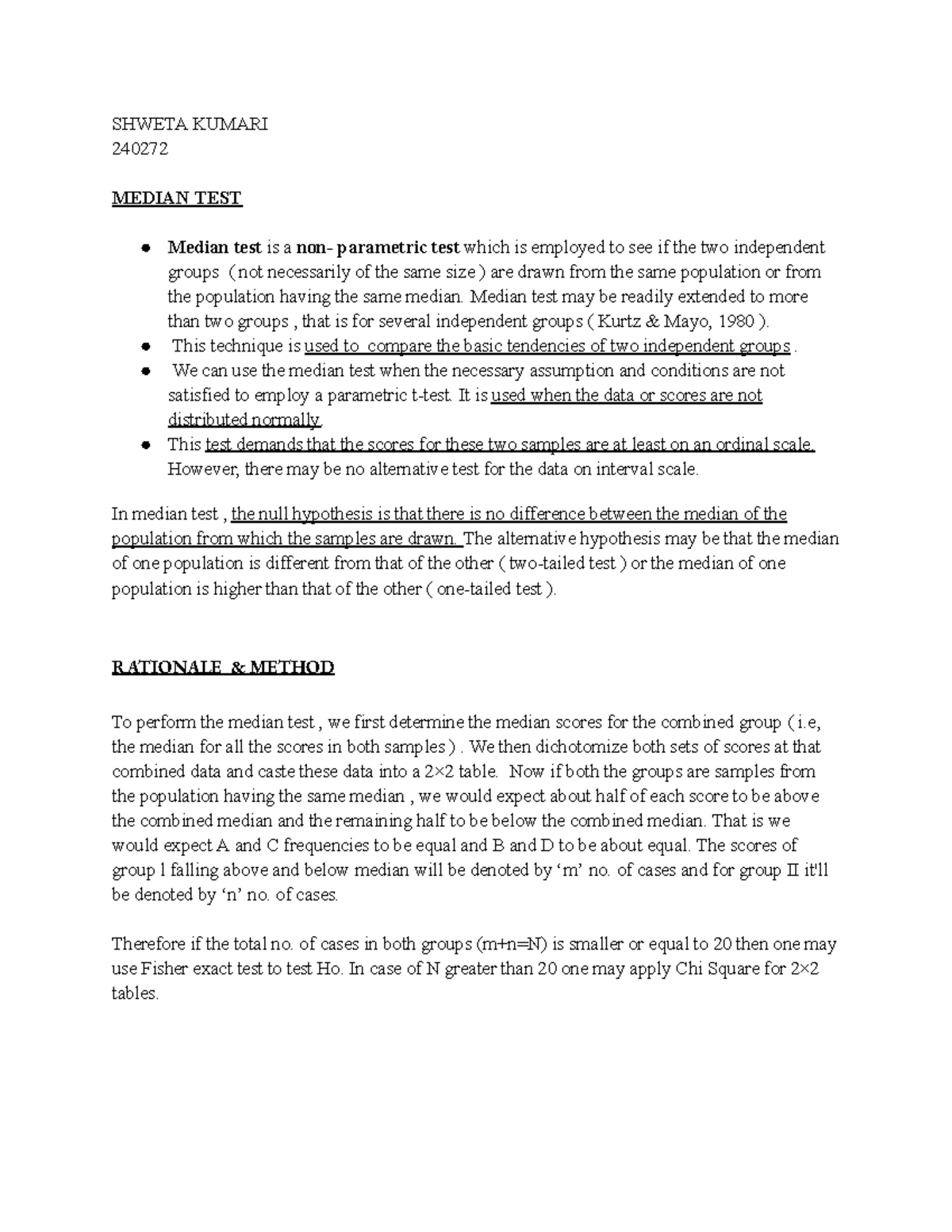 Median Test Analysis: Shweta Kumari 240272 - Detailed Explanation ...
