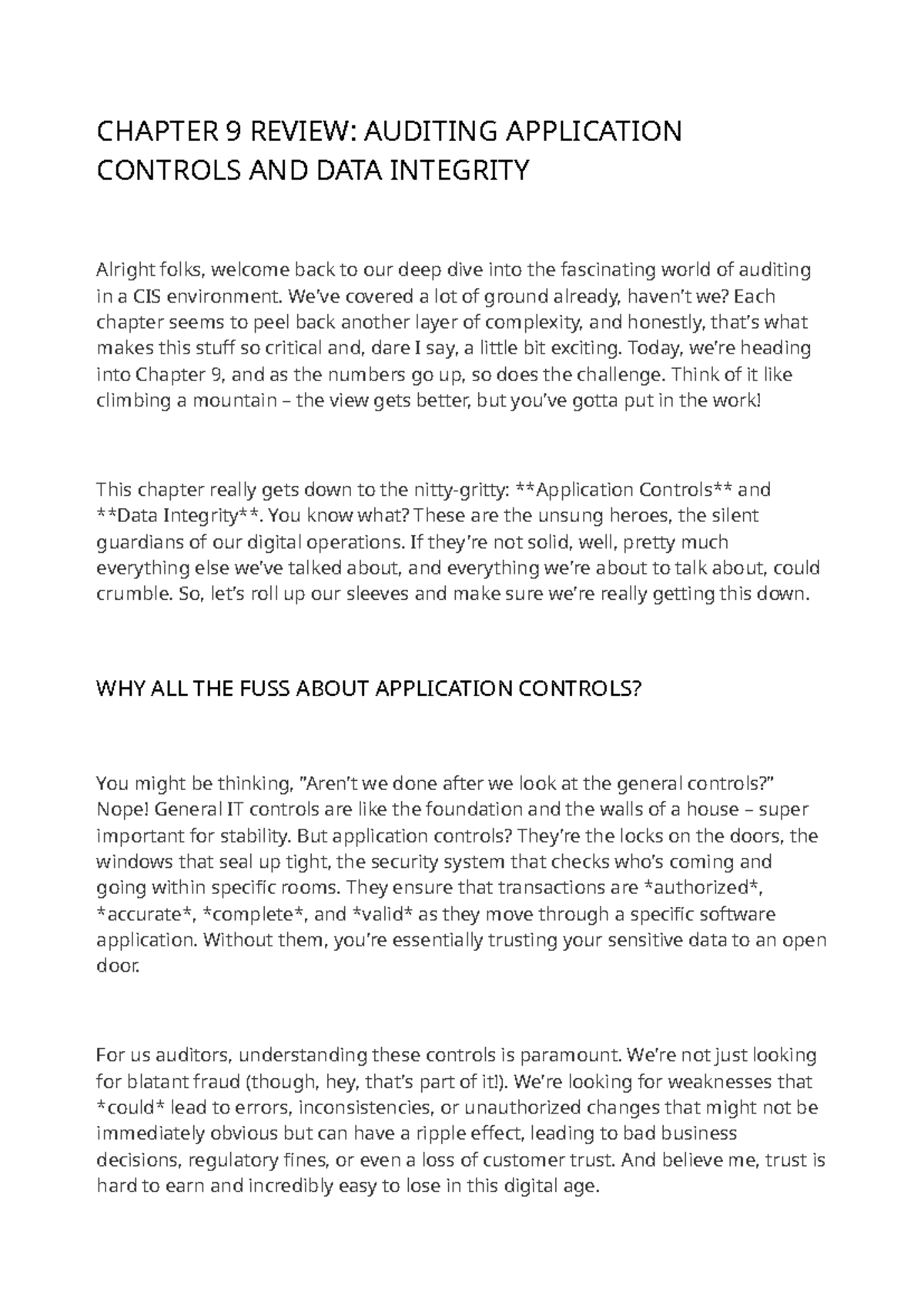 CHAPTER 9 REVIEW: AUDITING APPLICATION CONTROLS & DATA INTEGRITY - Studocu