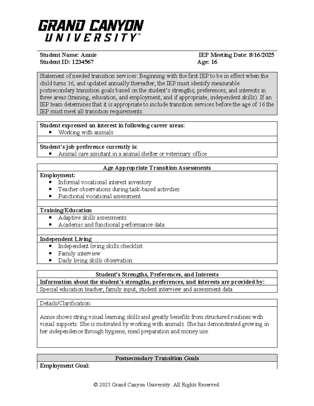 IEP Transition Plan for Annie (Esd 540) - Studocu