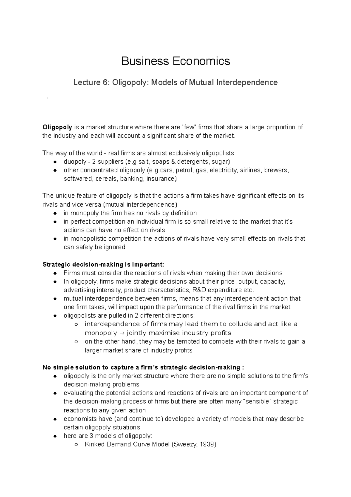 Lecture 6 Oligopoly - Business Economics Lecture 6: Oligopoly: Models ...
