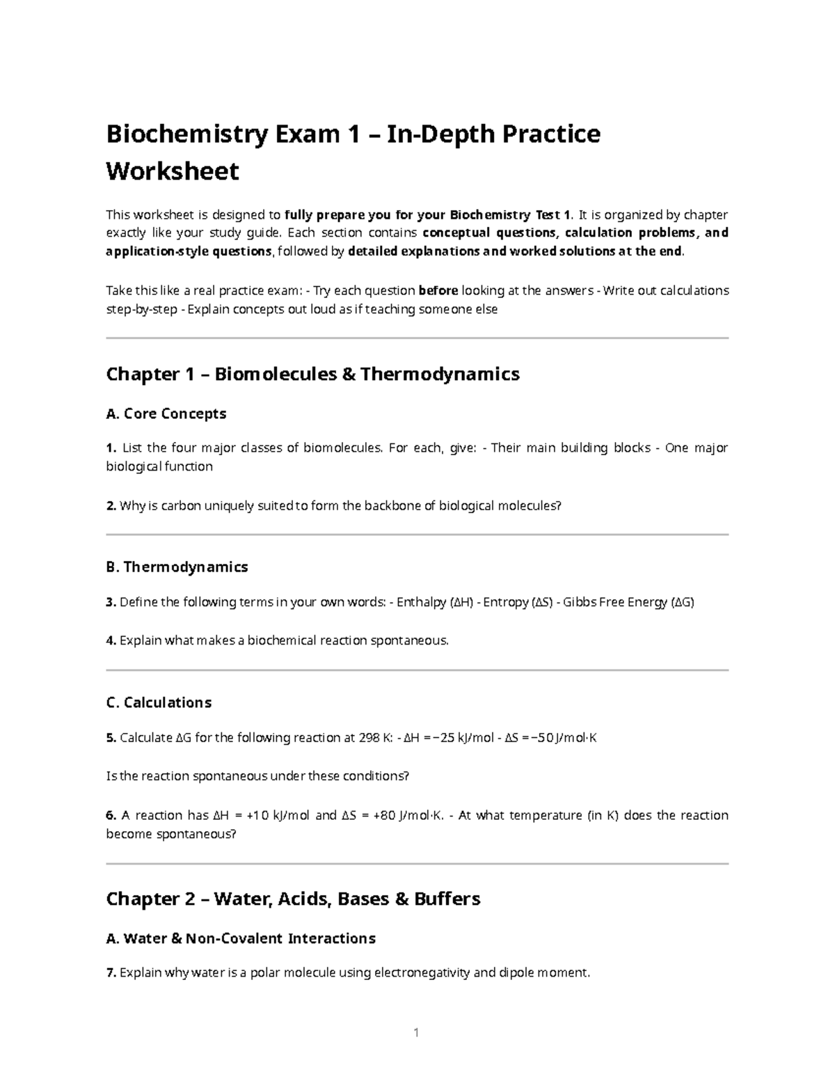 Biochemistry 101: Exam 1 Practice Worksheet & Study Guide - Studocu