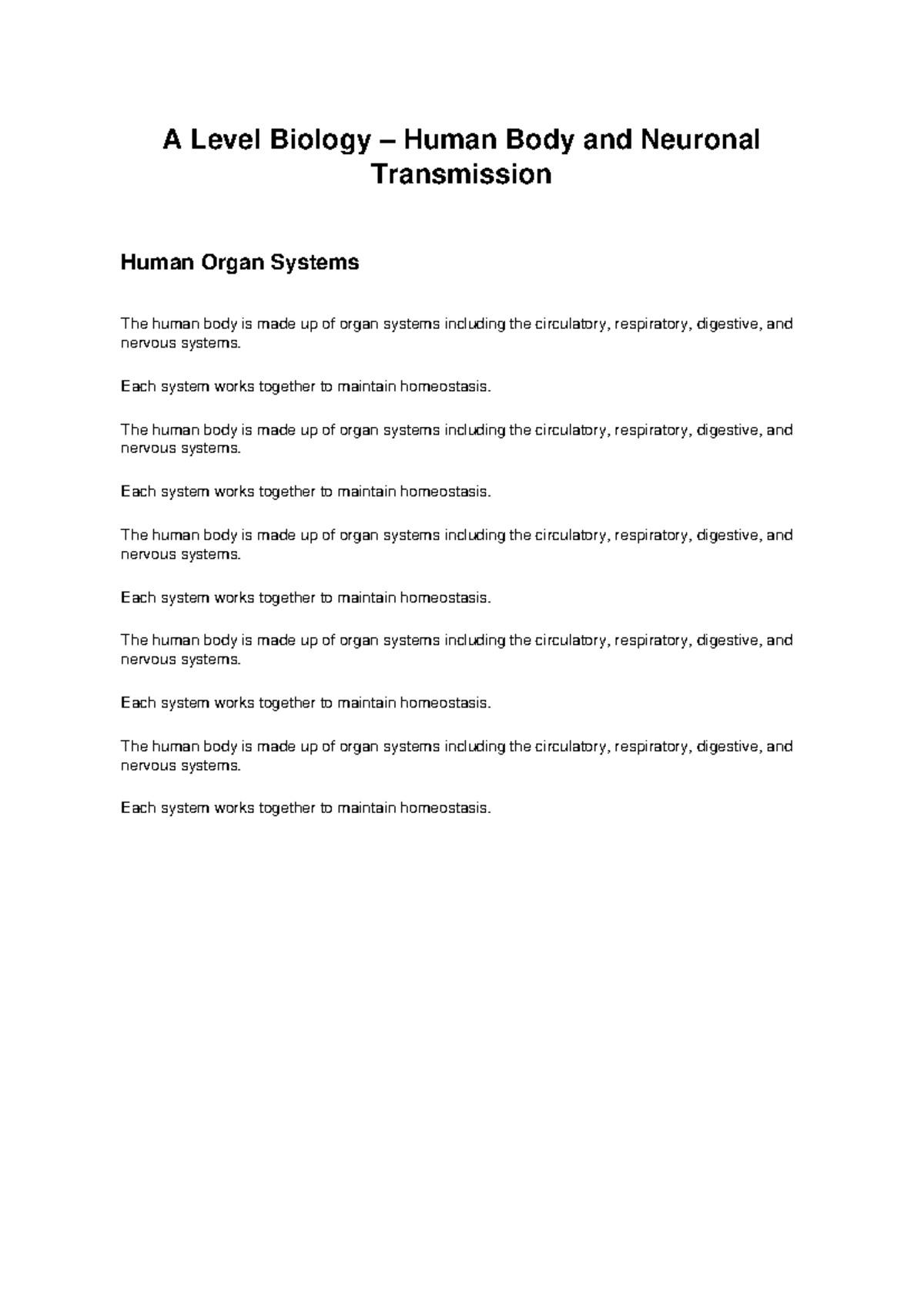 A Level Biology: Human Organ Systems & Neuronal Transmission - Studocu