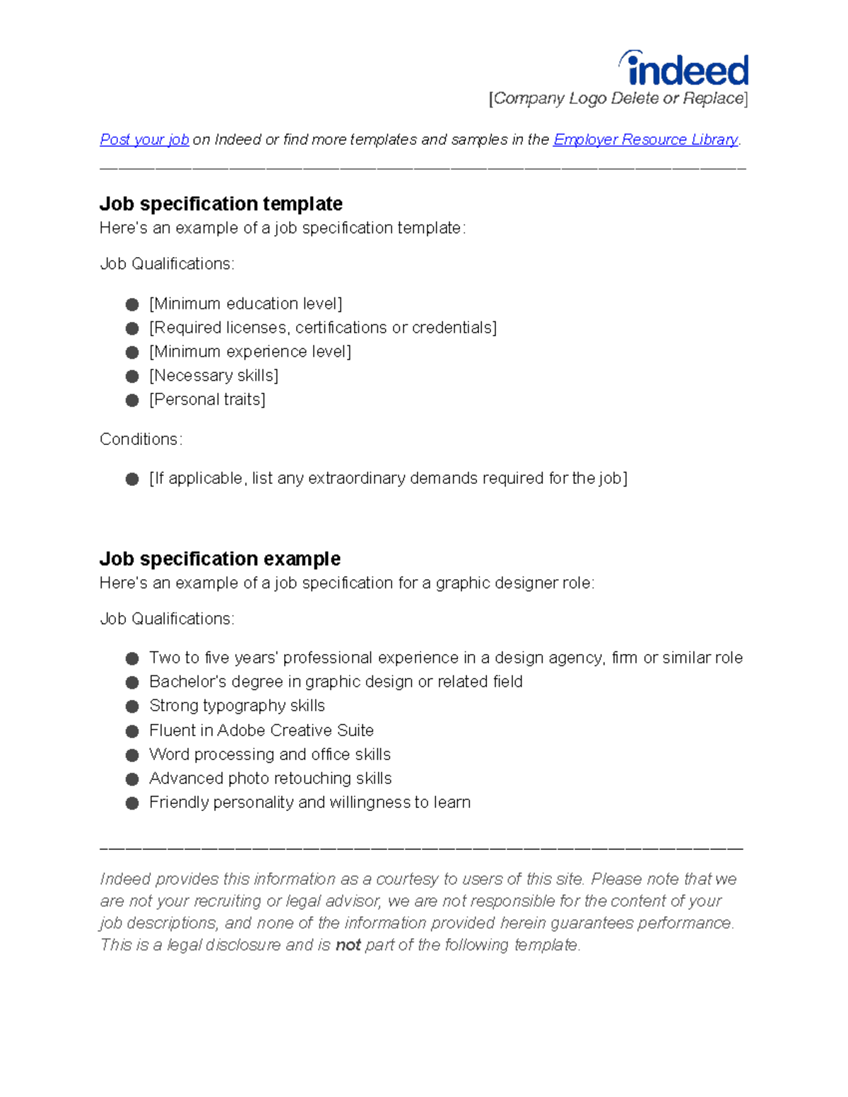 How to Write Job Specifications — Indeed - [Company Logo Delete or ...
