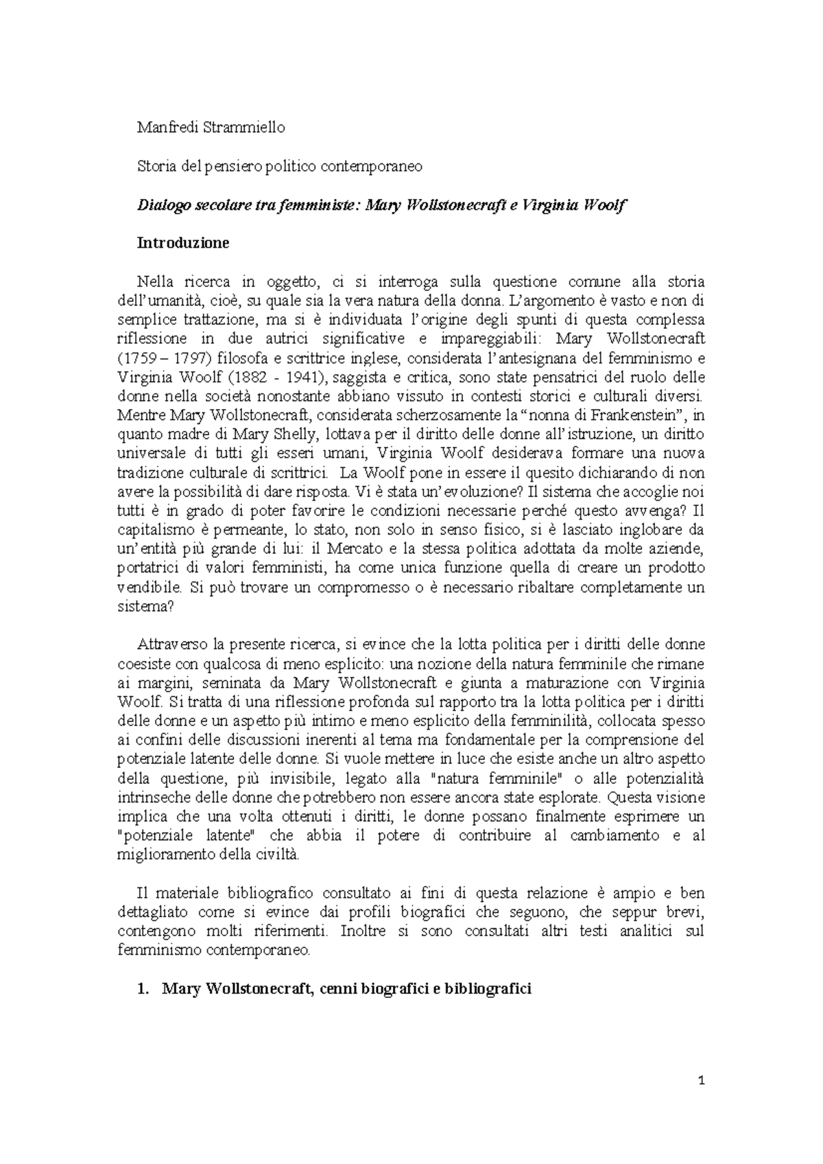 Mary Wollstonecraft e Virginia Woolf - Manfredi Strammiello Storia del ...